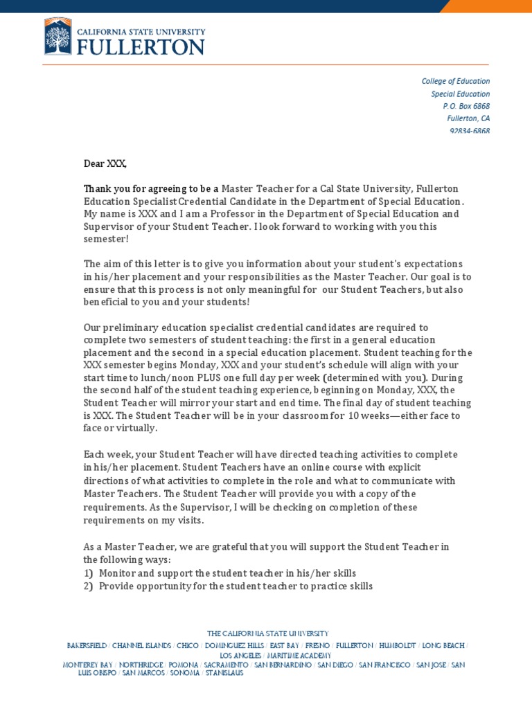 Supervisor Letter Template To Master Teacher Supervision | Download ...