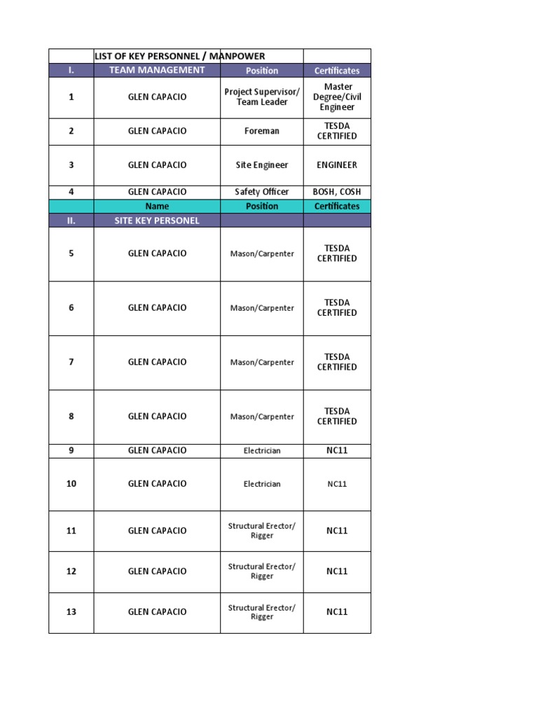 Project Team Roster Detailing Key Personnel Qualifications and ...