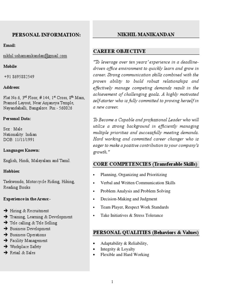 CV Nikhil Manikandan | PDF | Retail | Employee Retention