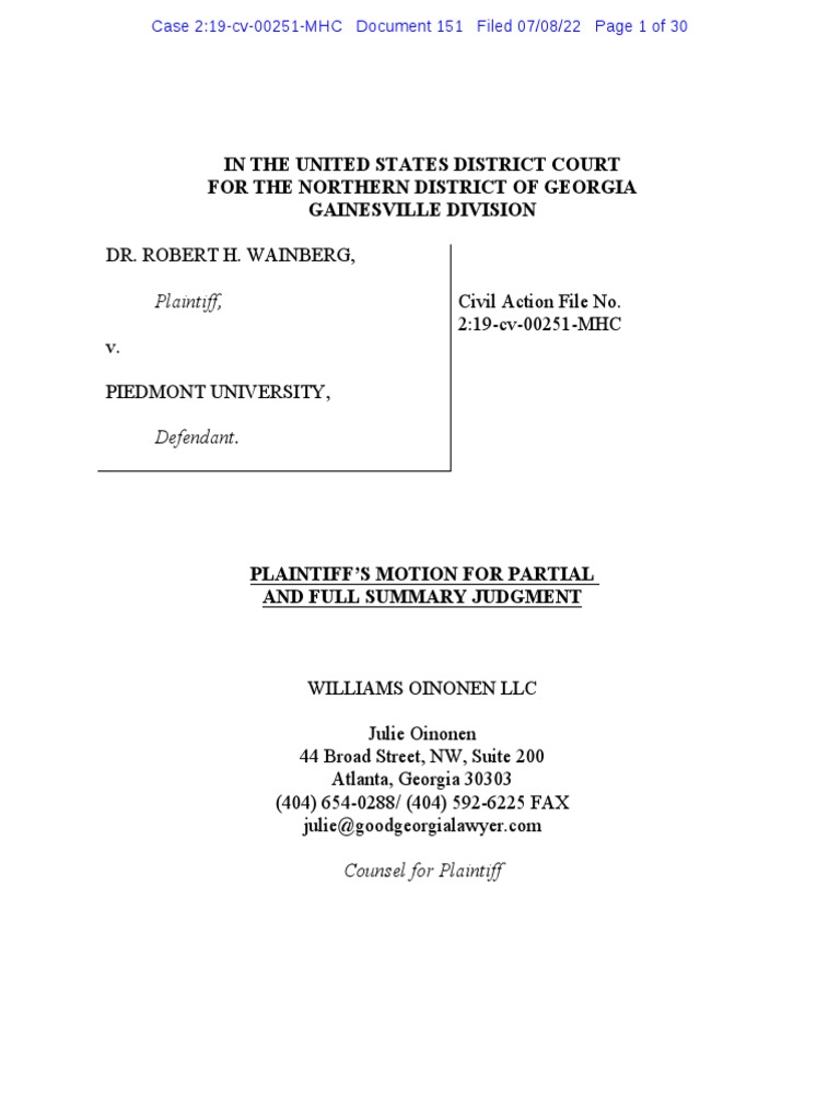 Plaintiff's Motion For Partial and Full Summary Judgment (Wainberg v. Piedmont University) | PDF ...