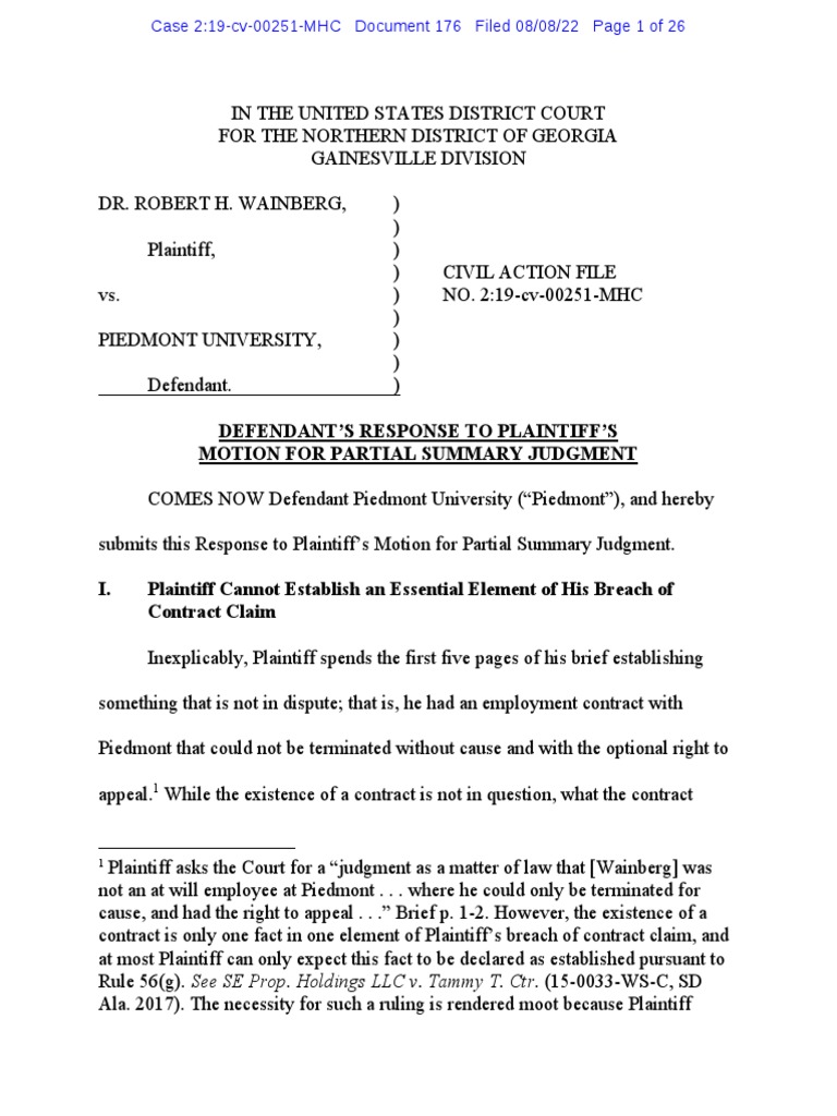 Defendant's Response To Plaintiff's Motion For Summary Judgment (Wainberg v. Piedmont University ...
