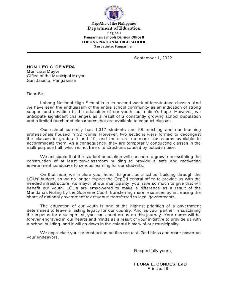 Request Letter For Classroom 2 | PDF | Classroom