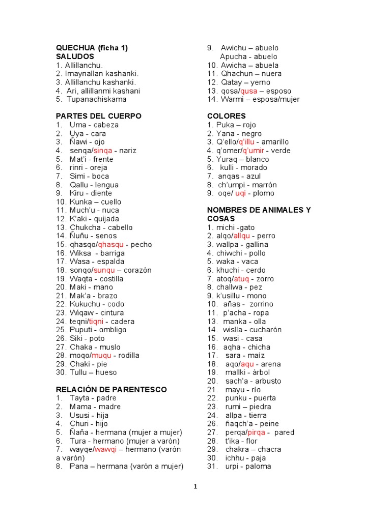 Quechua Ficha 1 (Repaso) | PDF | Verbo | Mecánica del lenguaje