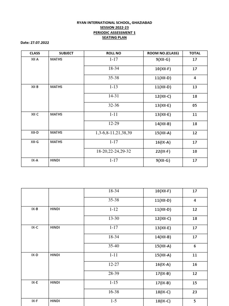 27.07.22 - Seating Plan Ix-Xii P.A 1 2022-2023 (Hindi and Maths) | PDF