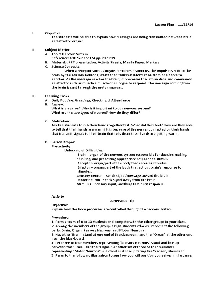 Nervous System Lesson Plan for Grade 10 | PDF | Nervous System ...