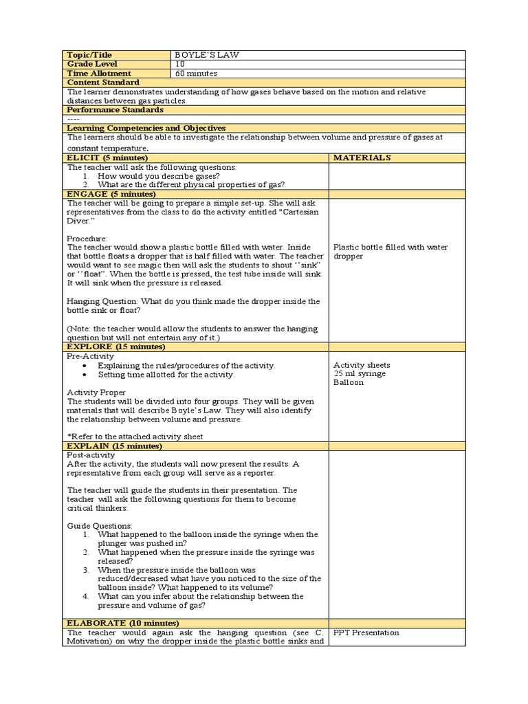 Lesson Plan - Boyle's Law | PDF | Gases | Pressure