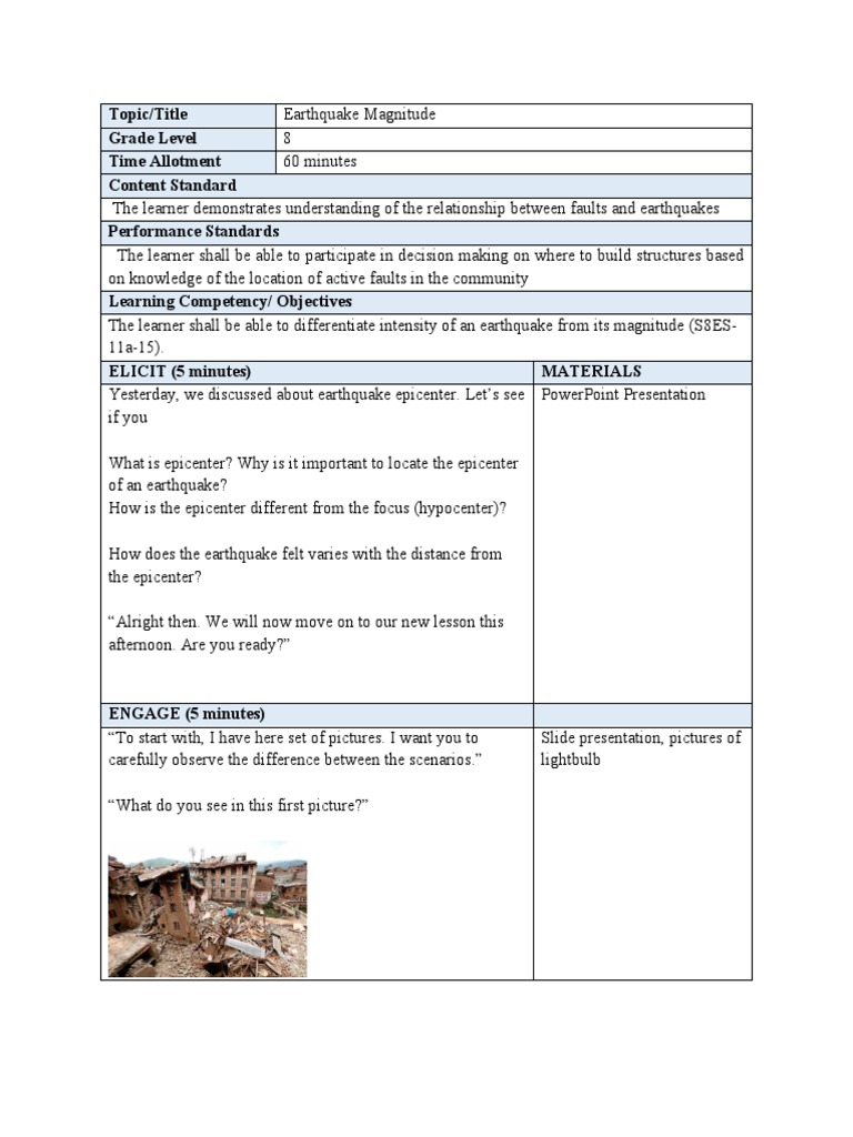 Lesson Plan Magnitude and Intensity | PDF | Earthquakes | Seismology
