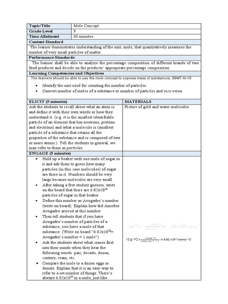 Lesson Plan Mole Concept | PDF | Mole (Unit) | Matter