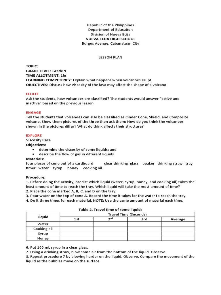 Lesson Plan Viscosity Race | PDF | Volcano | Lava