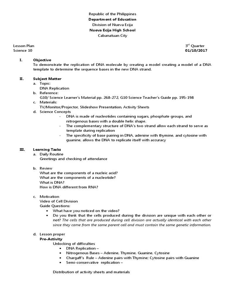 Lesson Plan DNA Replication | PDF | Dna | Base Pair