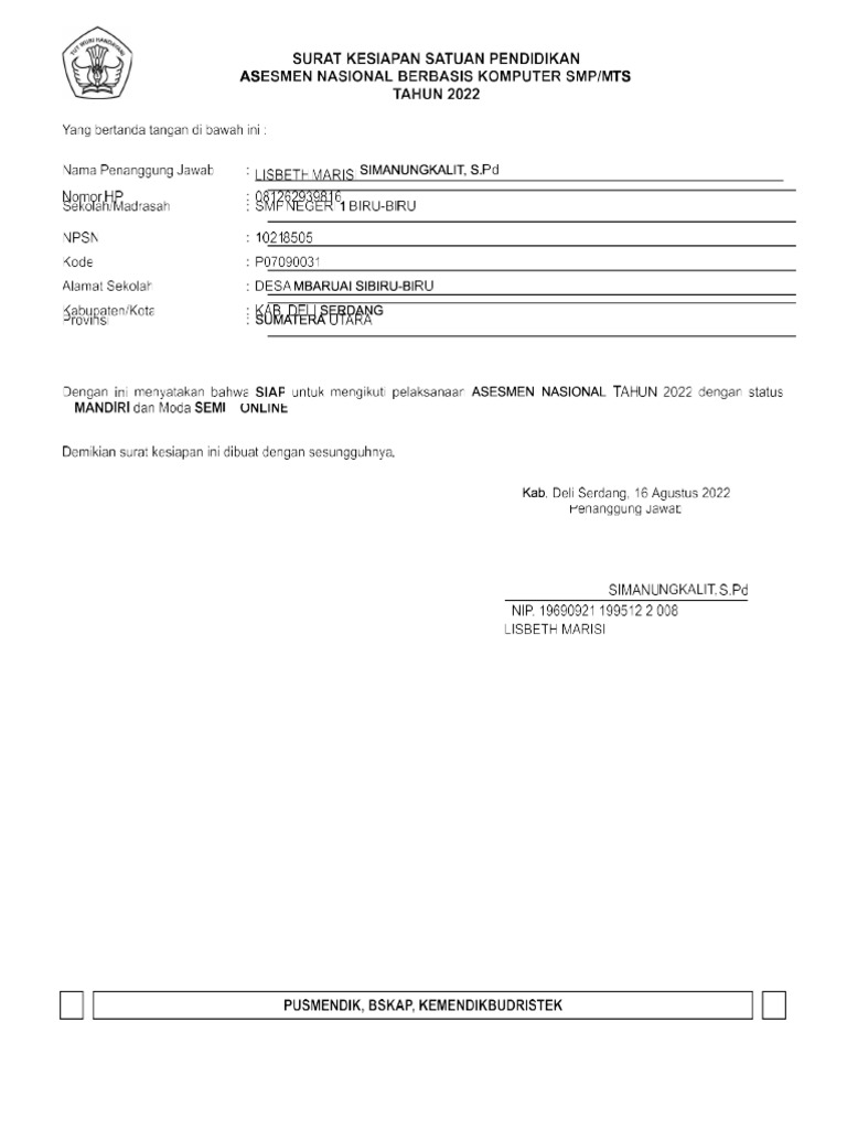 Contoh Surat Kesiapan (Didownload Di Web Anbk) - 1 | PDF