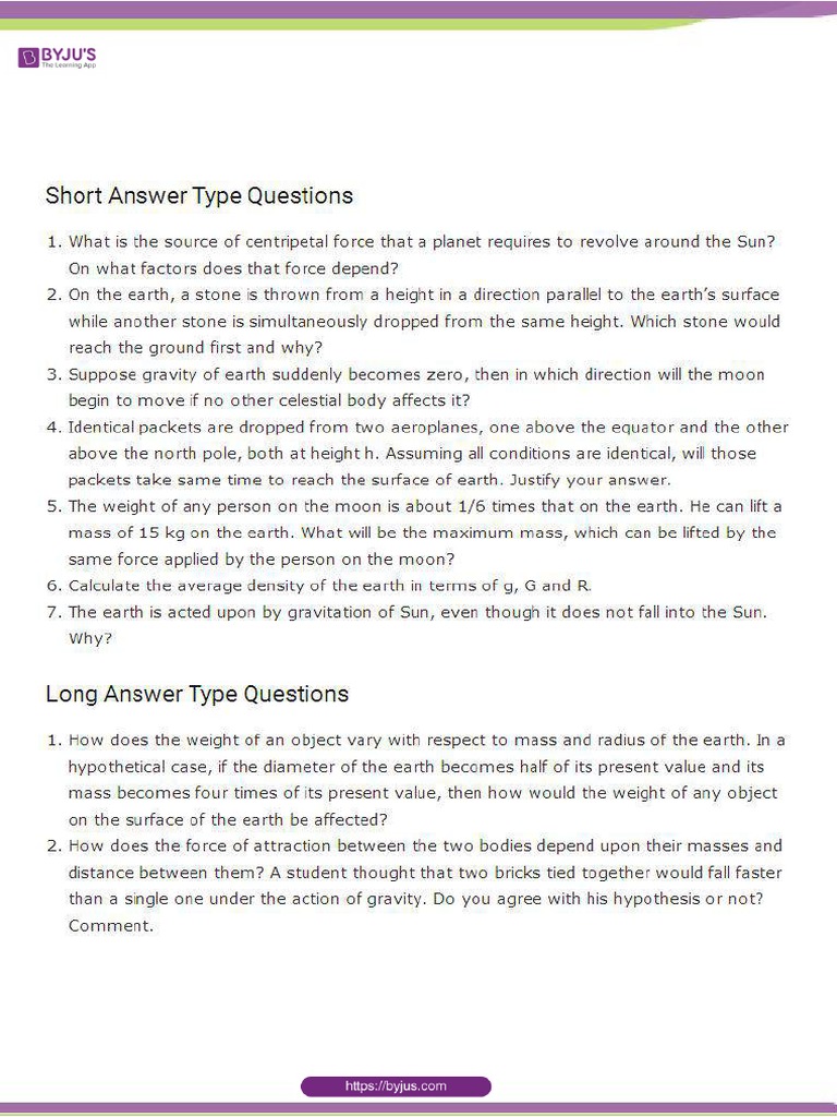 Important Questions For Class 9 Science Chapter 10 Gravitation | PDF