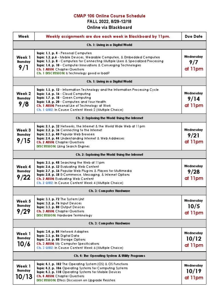 Cmap 106 Online Course Schedule Fall 2022 8 29-12 18 Online Via Blackboard | PDF | Operating ...
