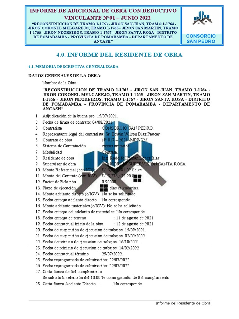Ii.4 Informe Del Residente de Obra de Valorizacion Adicional de Obra #01 Por Deductivo ...