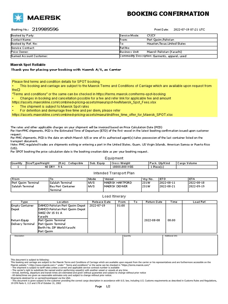 Booking Confirmation: M/S Global Recycler PVT LTD Zohiab | PDF | Cargo ...