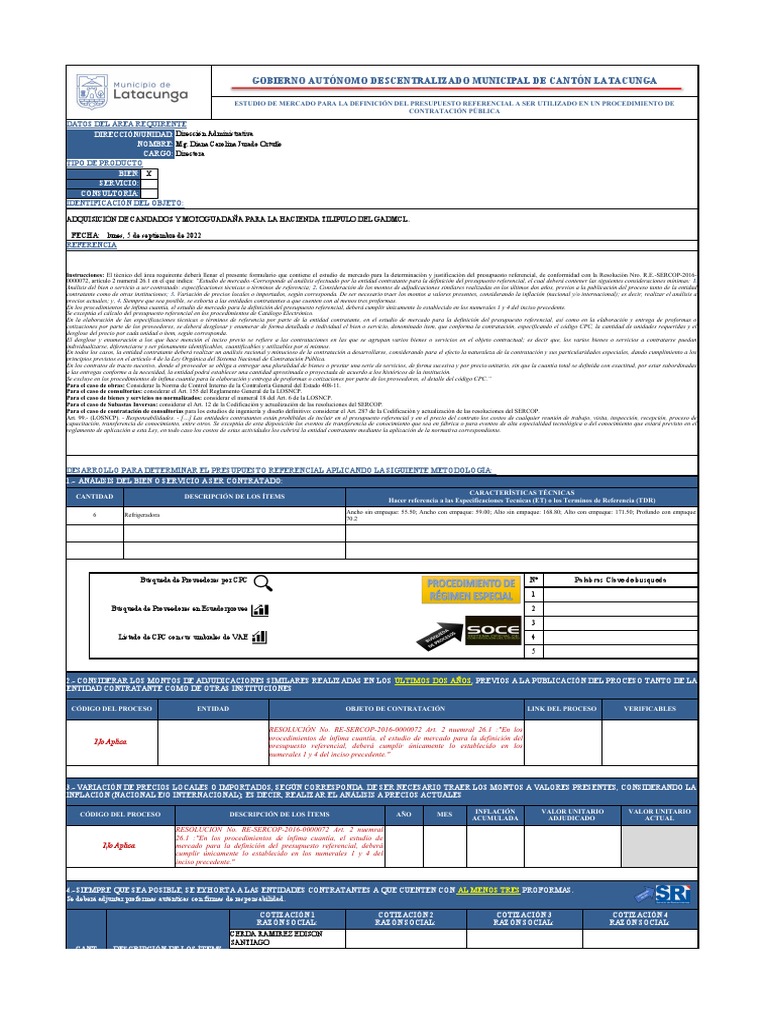 Estudio de Mercado para Infima Cuantía R-SERCOP-125 A Sept 2022 | PDF ...