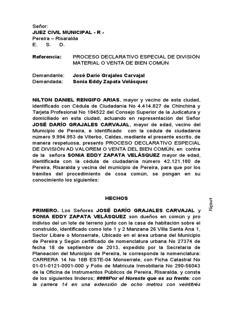 Demanda Proceso Divisorio (Jóse Dario Grajales) | PDF | Salario mínimo | Justicia
