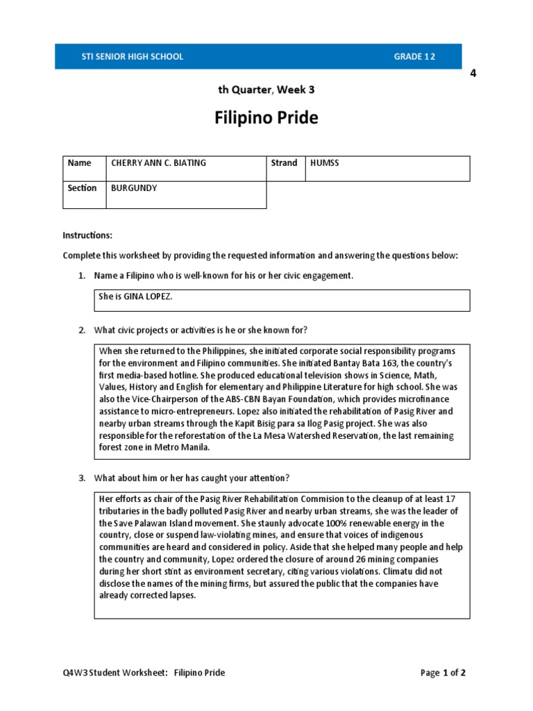 G124QW3 Worksheet - Filipino Pride - BIATING | PDF | Wellness