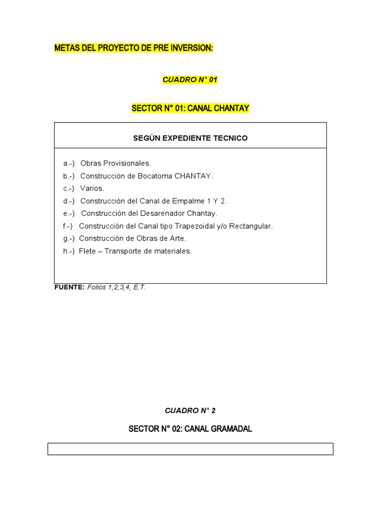 Metas Del Proyecto de Pre Inversion | PDF | Hormigón | Sectores Economicos