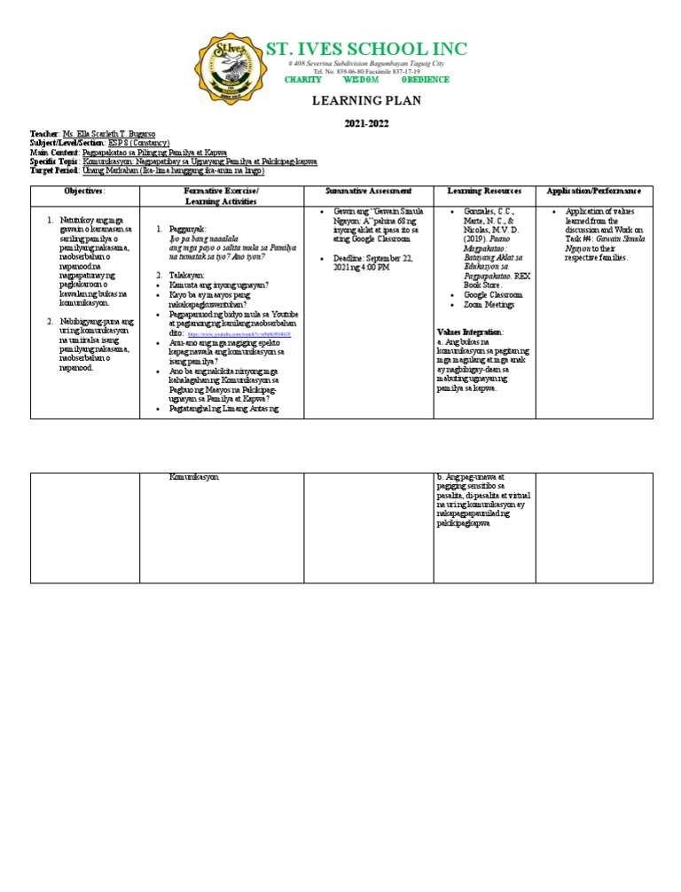 ESP 8 Learning Plan-Aralin 3 | PDF
