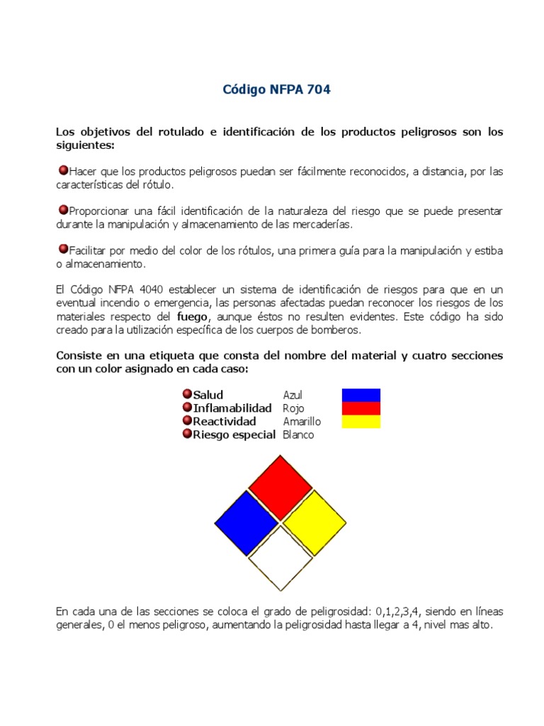 Código NFPA 704: Identificación de Riesgos | PDF | Agua | Combustión