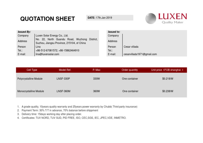 Quotation Sheet
