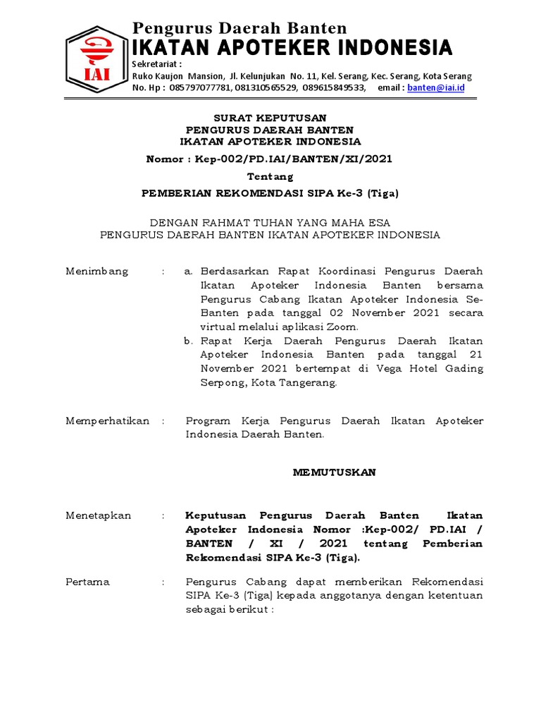 SK 002 Pemberian Rekomendasi Sipa Ke 3 Tiga PD Iai Banten | PDF