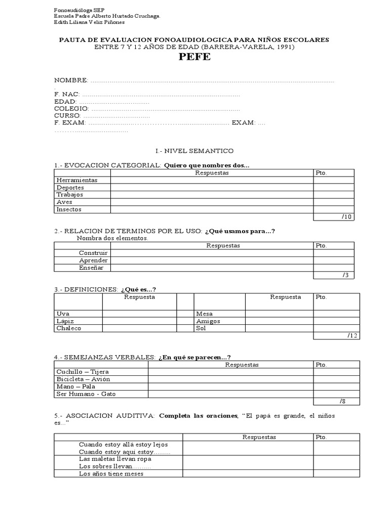 Pefe, Pauta de Evaluacion Fonoaudiologica para Niños Escolares | PDF