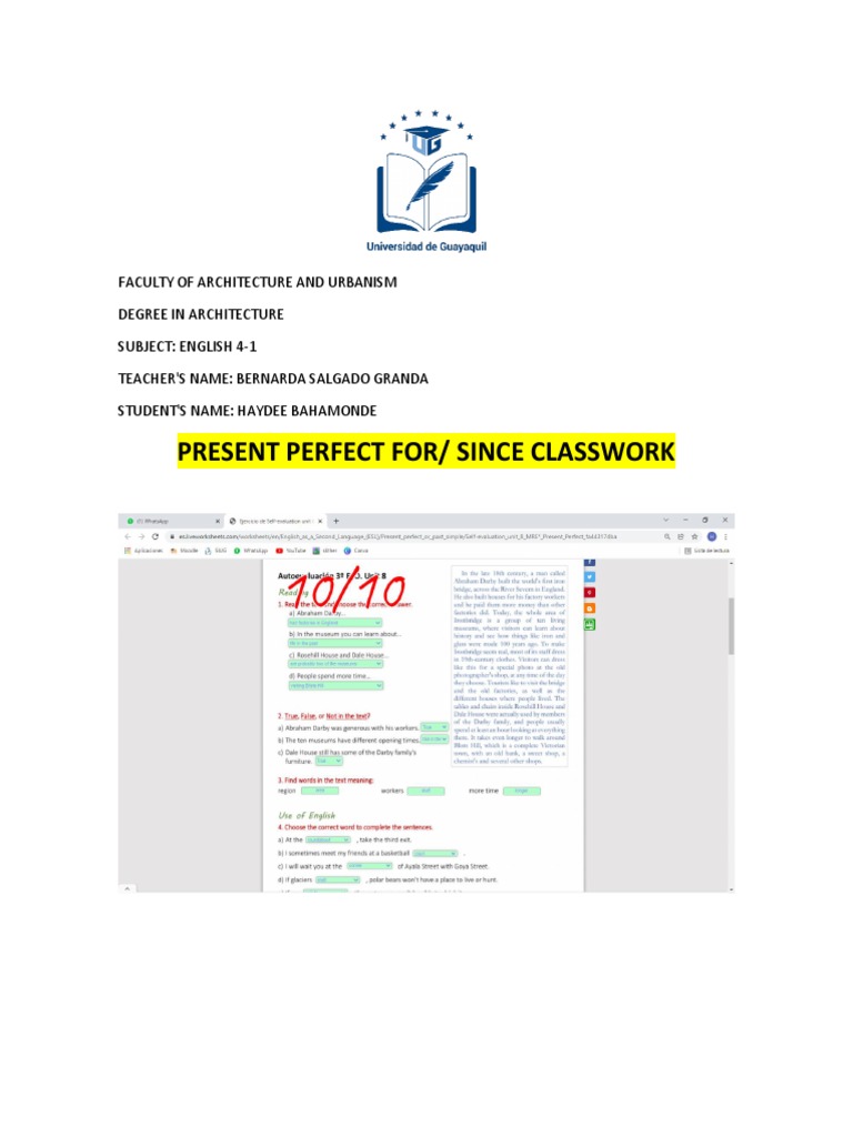 Present Perfect For and Since Classwork | PDF | Language Arts & Discipline