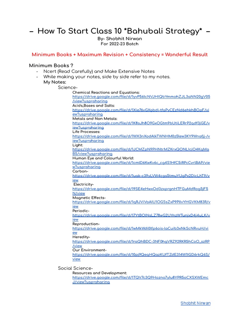 How To Start Class 10 - Bahubali Strategy | PDF | Chemistry | Physical Sciences