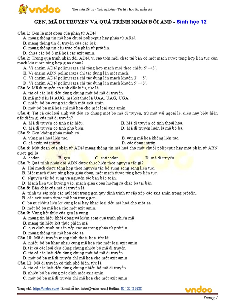 Bai Tap Trac Nghiem Gen Ma Di Truyen Va Qua Trinh Nhan Doi Adn | PDF