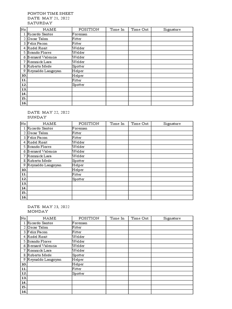 Pontoon- Time Sheet (1) | PDF