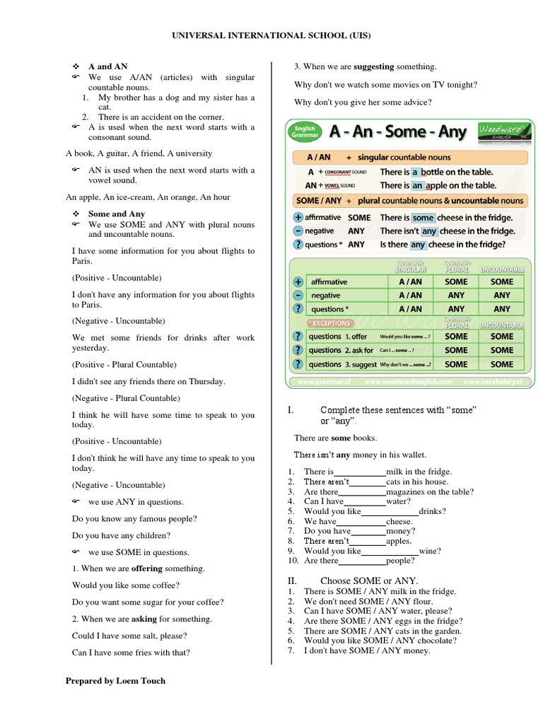 A An Some Any Lesson and Exercises | PDF | Plural | Noun