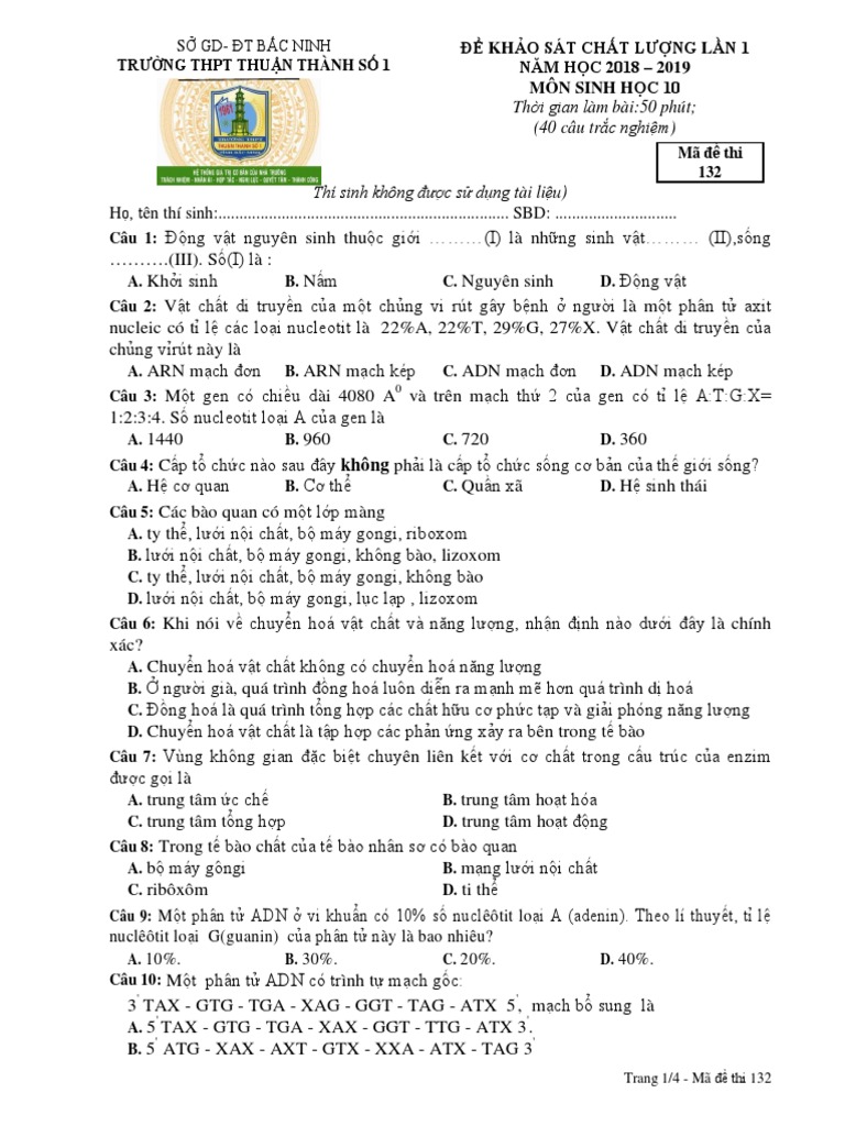De KSCL Sinh Hoc 10 Lan 1 Nam 2018 2019 Truong THPT Thuan Thanh 1 Bac Ninh | PDF