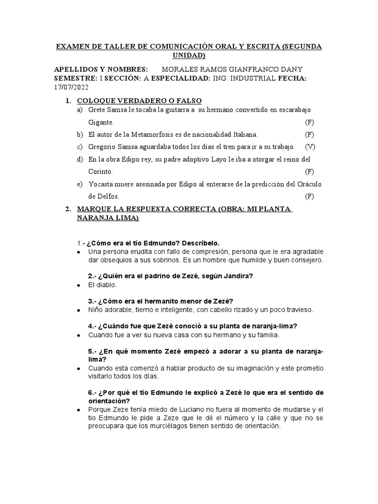 Examen de Taller de Comunicación Oral y Escrita (Segundo) | PDF | Edipo Examen de Taller de Comunicación Oral y Escrita (Segundo) | PDF | Edipo