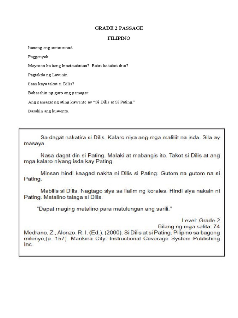 GRADE 2 PASSAGE PRETEST Filipino | PDF