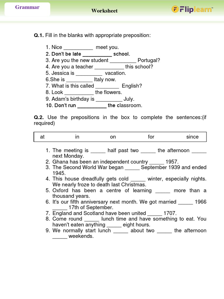 PREPOSITIONS WORKSHEET | PDF