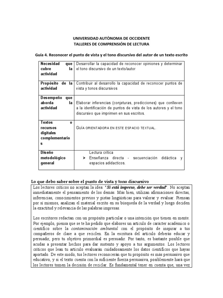 Guía 4. Reconocer El Punto de Vista y El Tono Discursivo Del Autor de ...