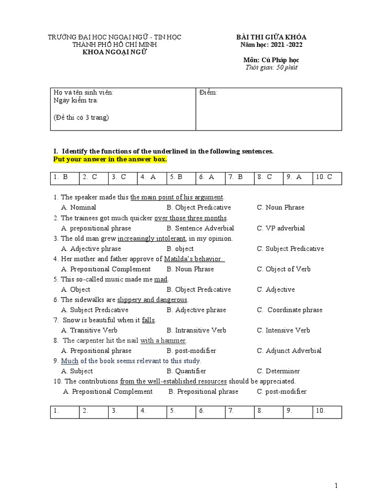 ĐỀ THI SYNTAX 2021 MIDTERM SÁNG T3 1 | PDF | Phrase | Verb