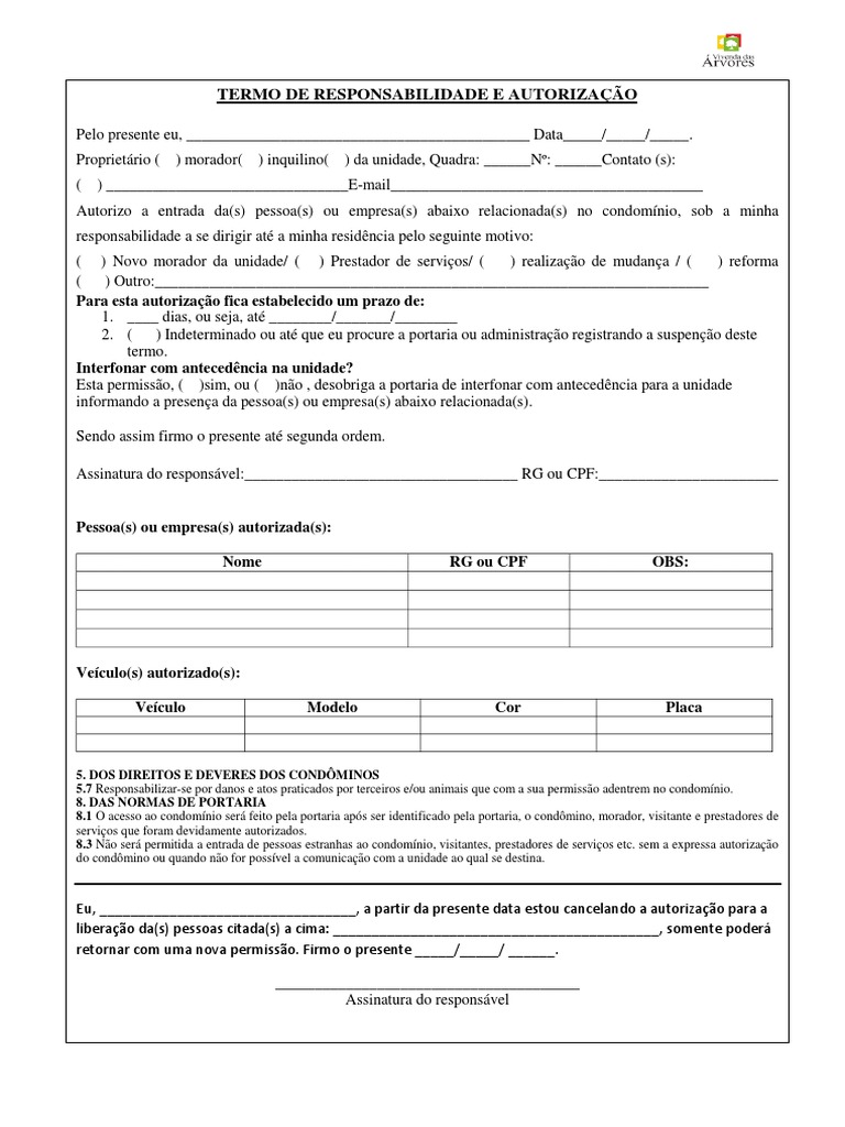 Termo de Responsabilidade e Autorizacao Morador | PDF | Condomínio