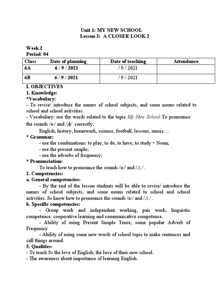 Giáo Án Anh6 Tuần2 | PDF | Homework | Question