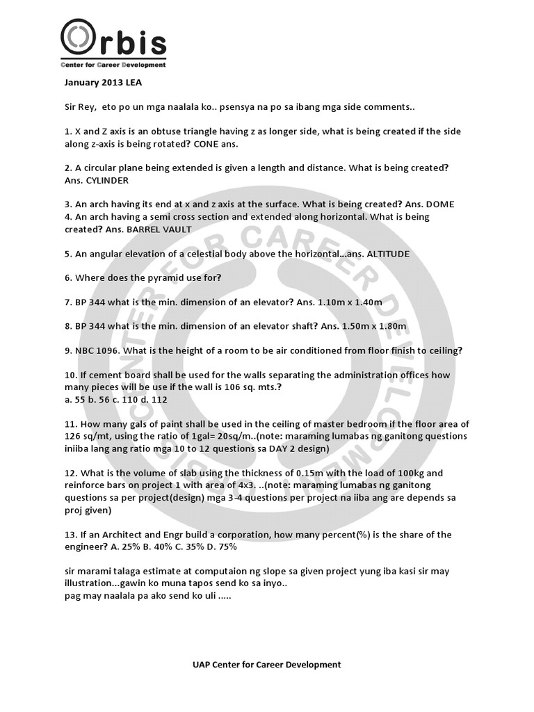 2013 LEA Board Exams Questions | PDF | Roof | Civil Engineering