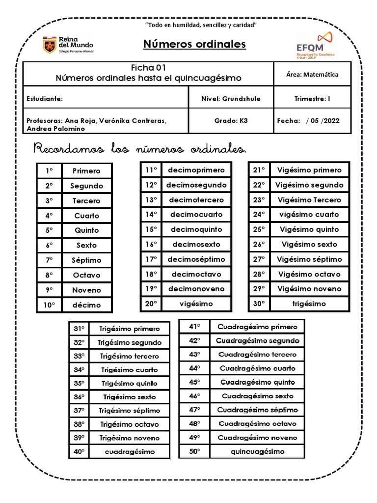 3 Fichas - Números Ordinales | PDF