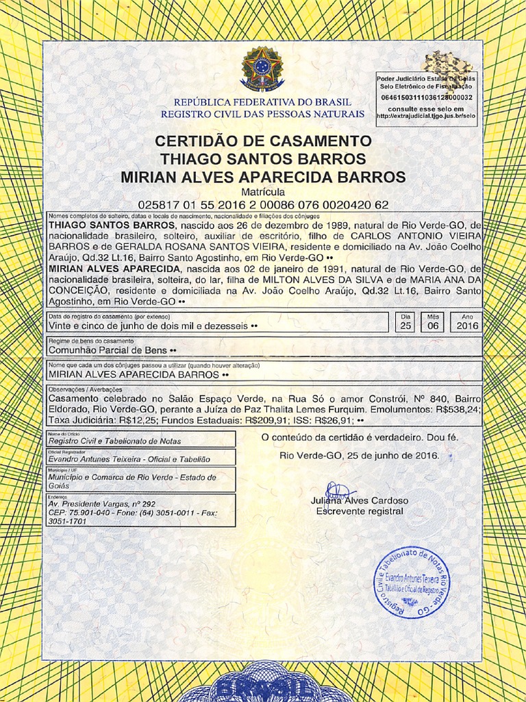 Certidão de Casamento Thiago | PDF