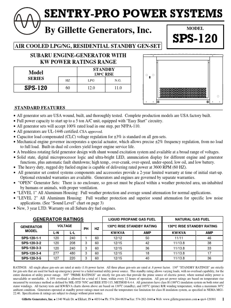 Gillette SPS120 Spec Sheet CSA | PDF | Electric Generator | Machines