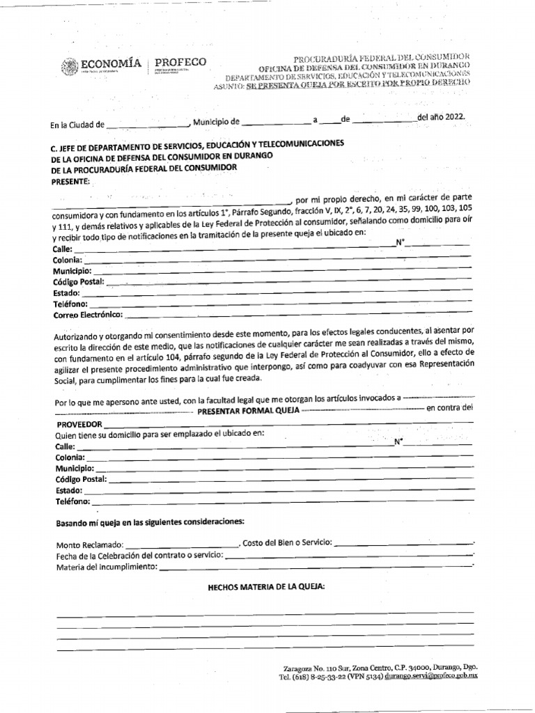 FORMATO QUEJA PROFECO | PDF