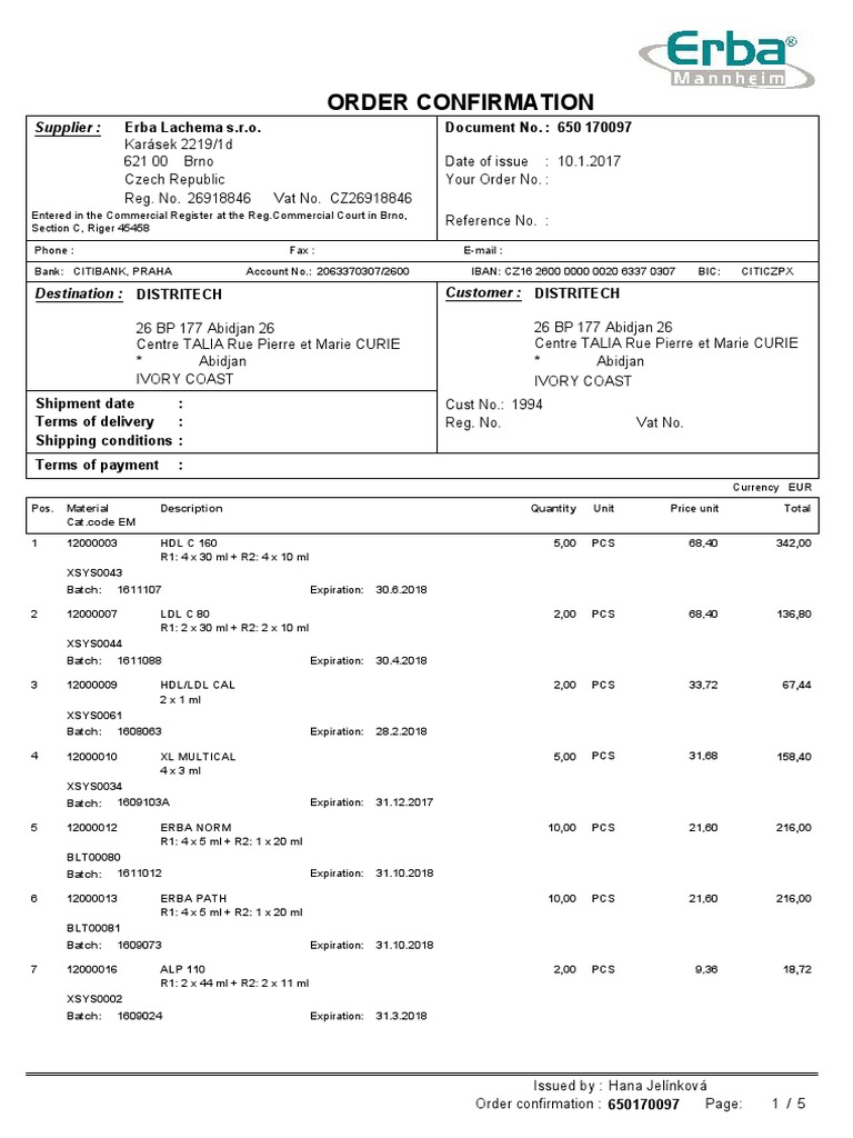ORDRE DE CONFIRMATION DE COMMANDE ERBA Distritech OC - 650-170097 | PDF | Financial Services ...