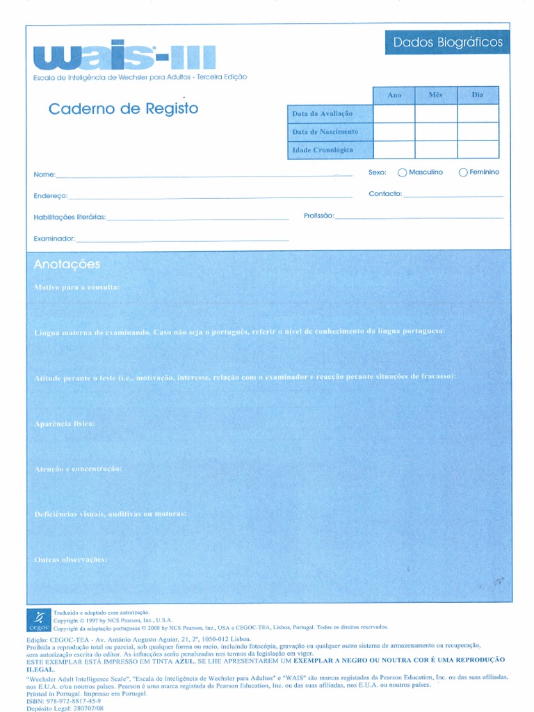 Caderno de Registo WAIS-III | PDF