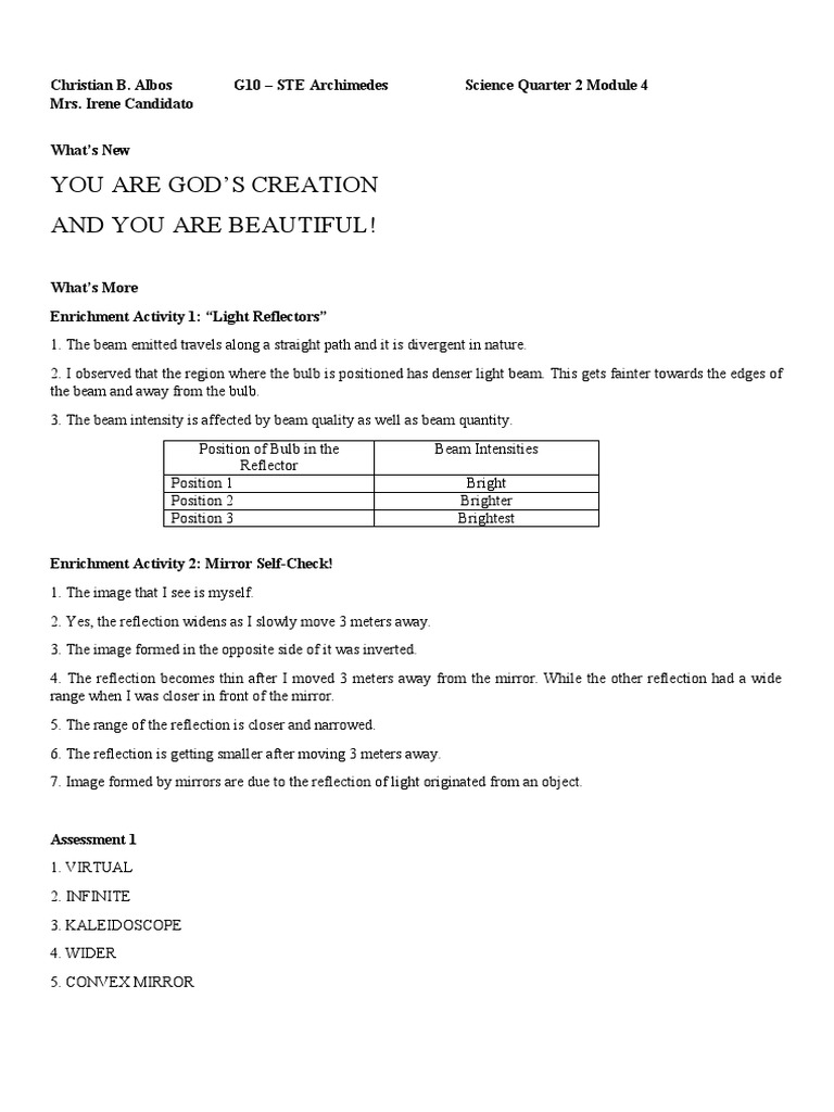 Science Quarter 2 Module 4 | PDF | Mirror | Reflection (Physics)