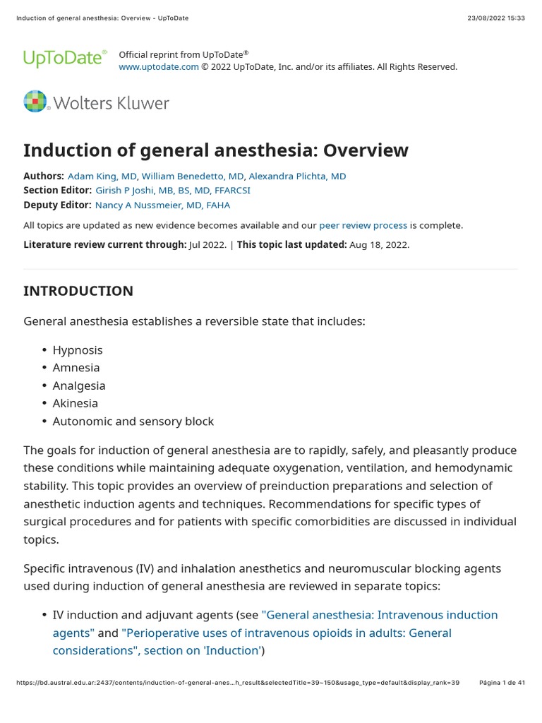 Induction of General Anesthesia: Overview - UpToDate | Download Free ...